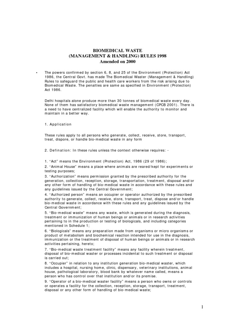 Biomedical Waste (Management & Handling) Rules 1998 Amended On 2000 ...