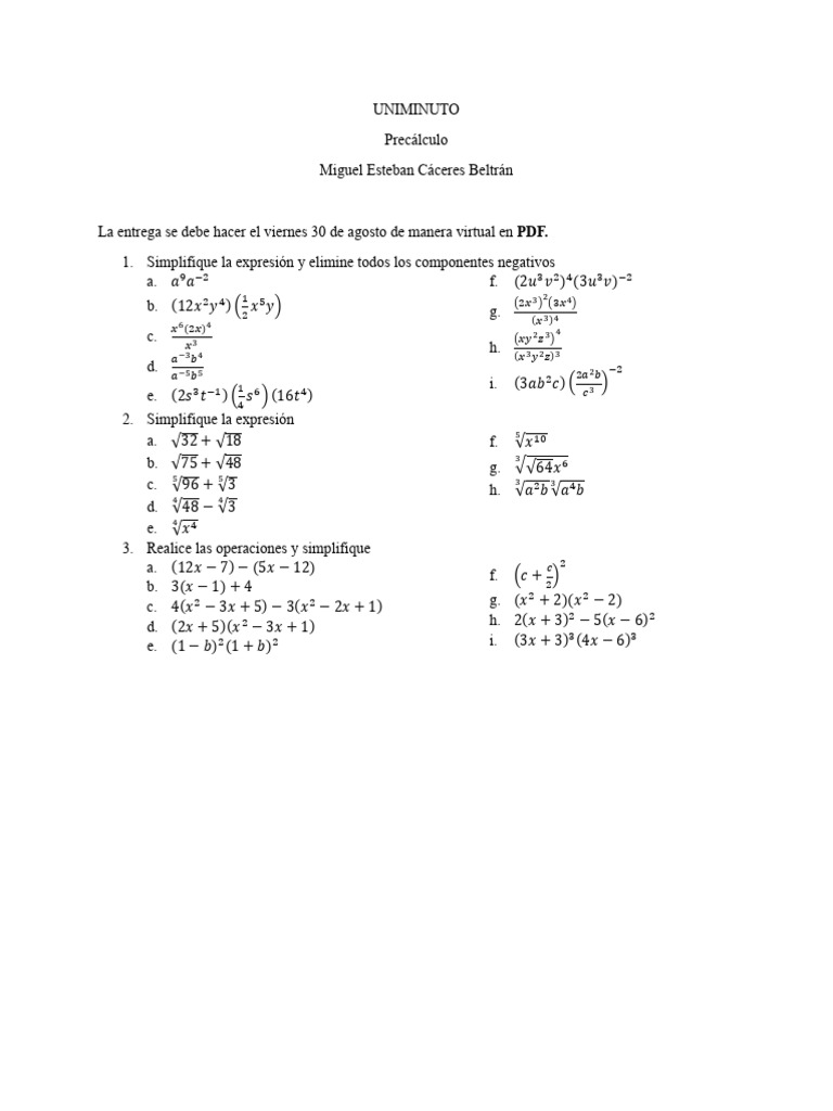 Taller No 1 Precálculo-1 | PDF