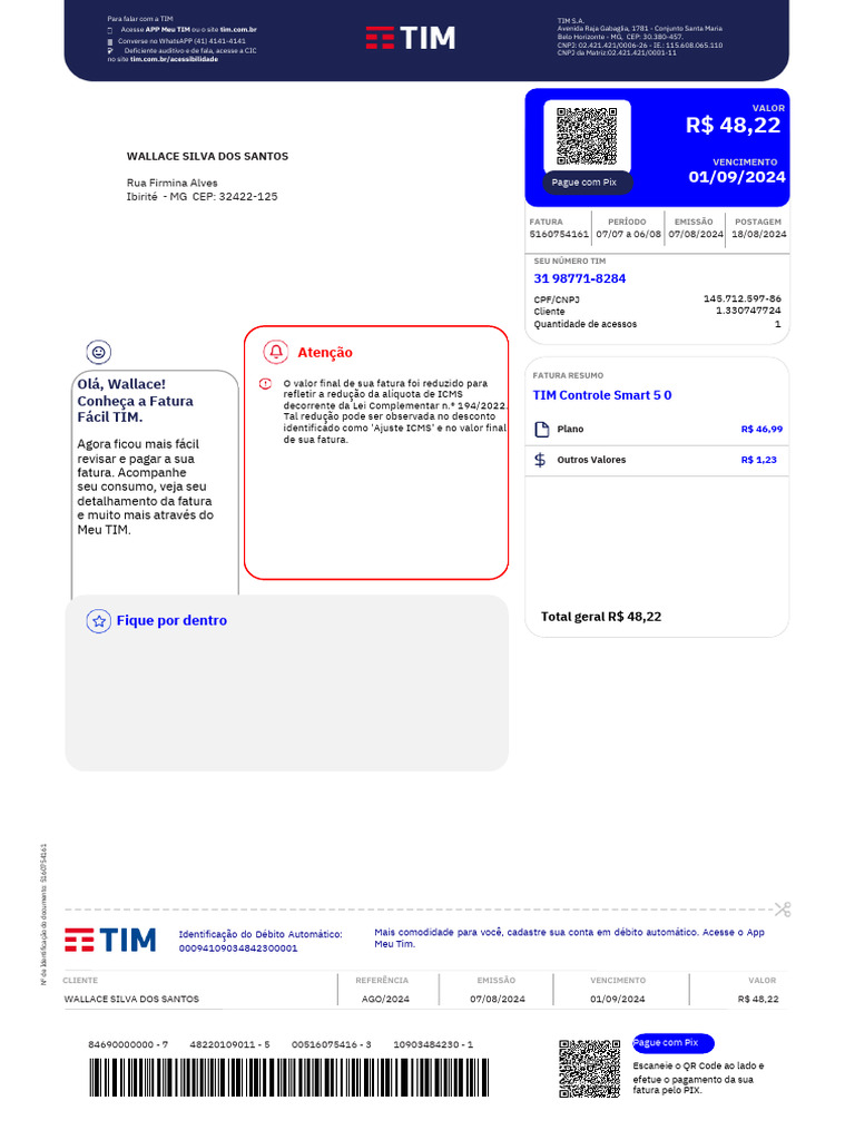 Fatura TIM Agosto PDF | PDF