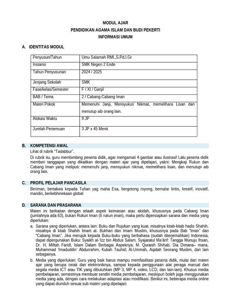 PAI - Modul Ajar Kelas XI - Bab 2 | PDF