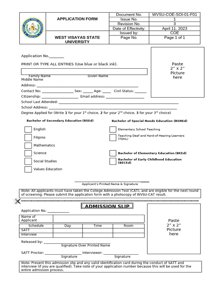 SATT FORM Admission Form Revised 2023 | PDF