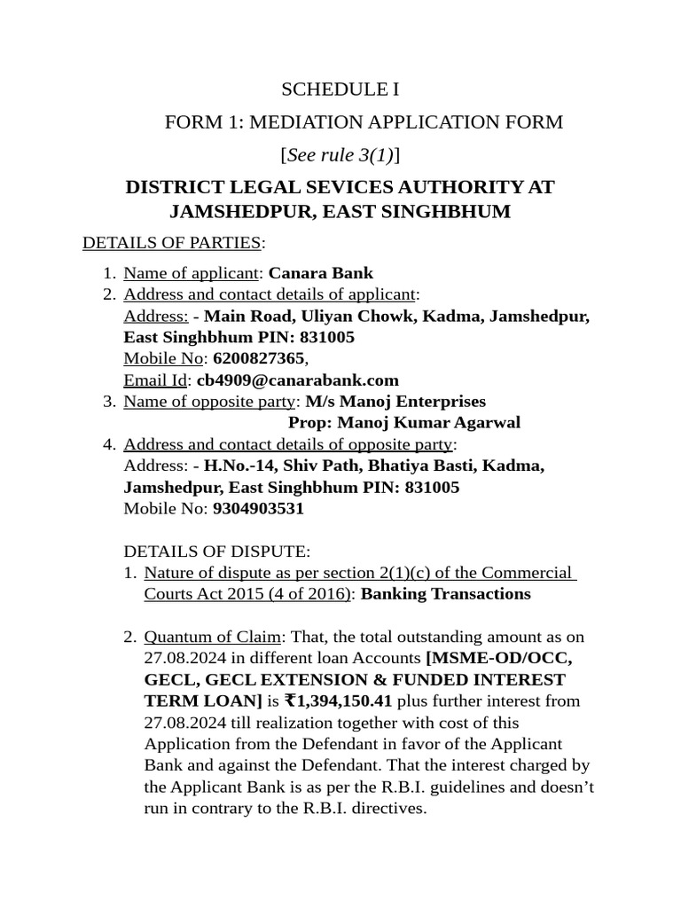 Mediation Form Manoj Enterprises Kadma | PDF