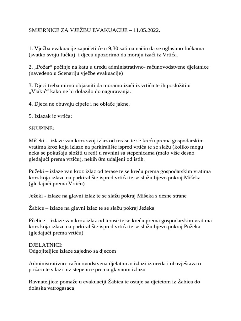 Smjernice Za Vježbu Evakuacije 2023. | PDF