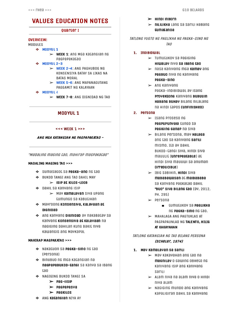 Values Education Reviewer (G10) | PDF