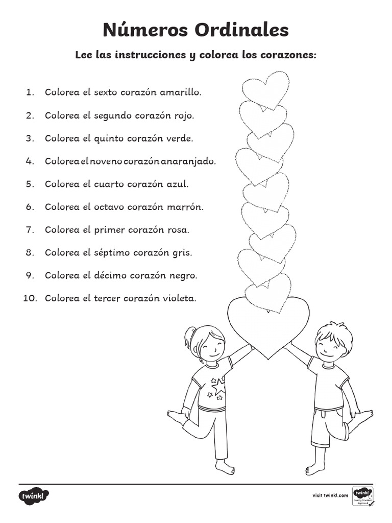 Números Ordinales: Lee Las Instrucciones y Colorea Los Corazones | PDF
