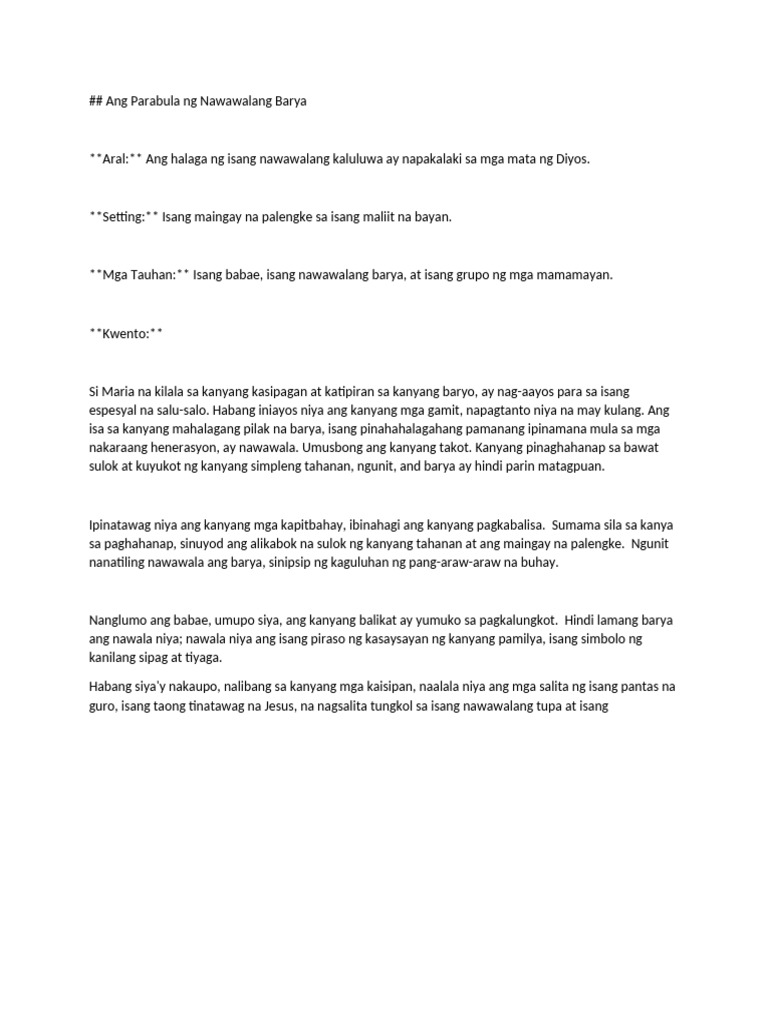 Ang Parabula NG Nawawalang Barya | PDF