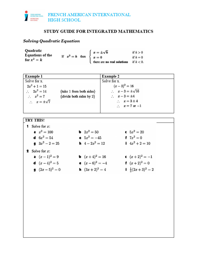 Study Guide Quadratic Equation | PDF | Quadratic Equation | Factorization