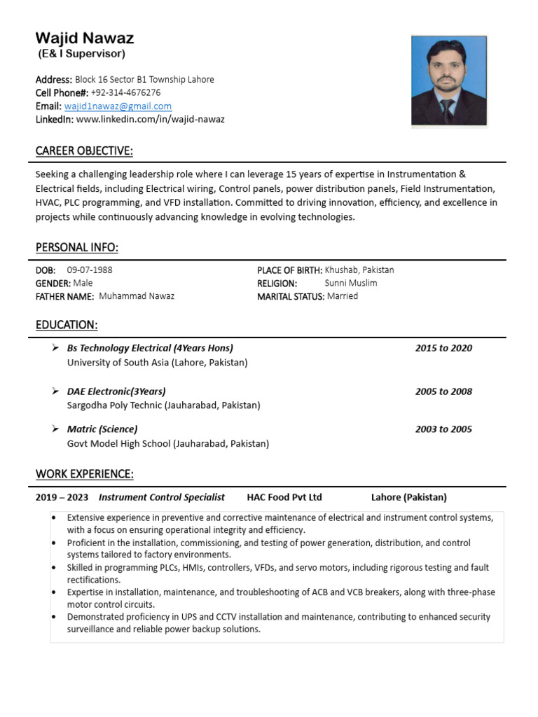 Wajid Nawaz CV Updated 2024 | PDF | Instrumentation | Calibration