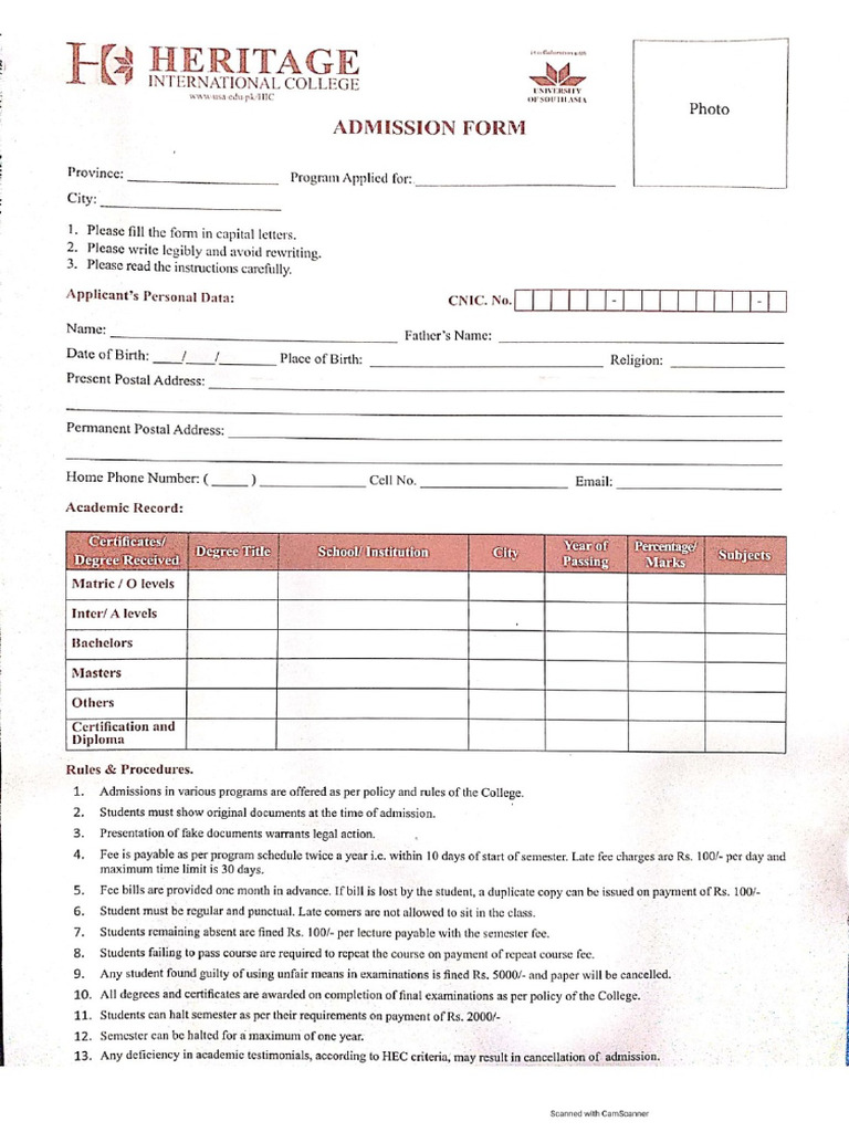 Admission Form Hic | PDF