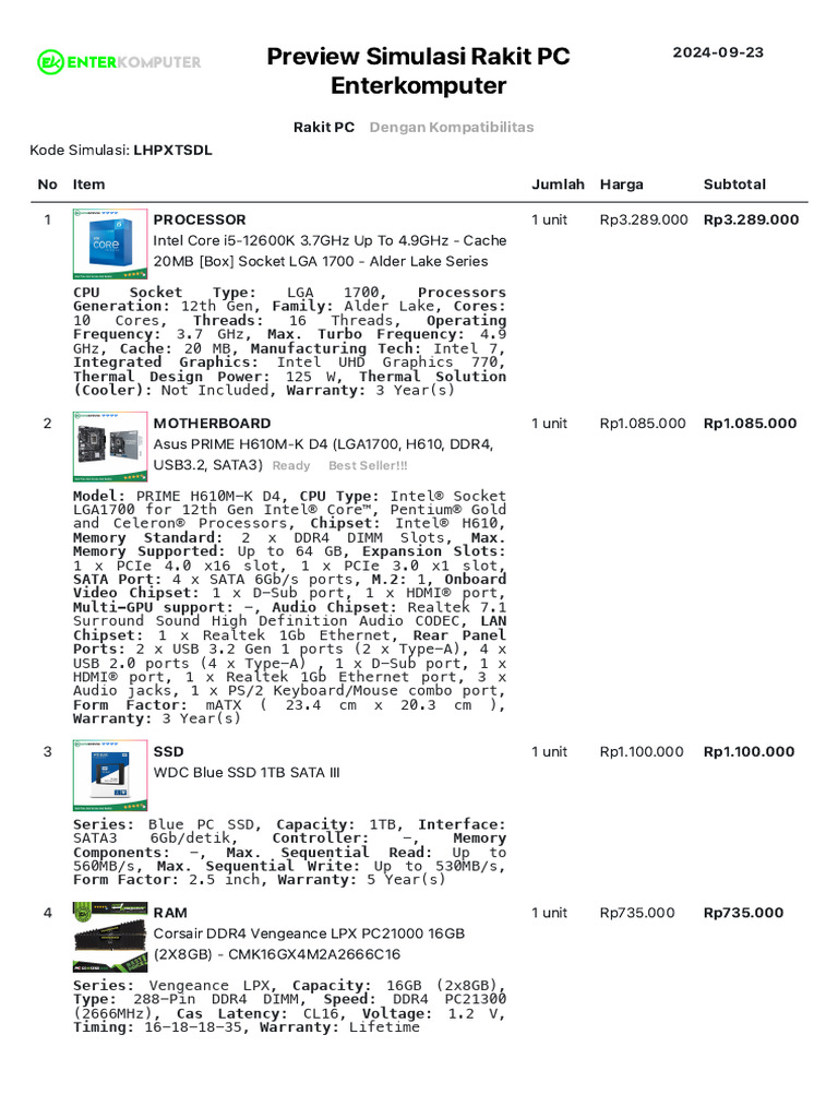 Simulasi - Rakit PC - Enterkomputer Jual Beli Online Komputer, Rakit PC, Termurah & Terlengkap | PDF