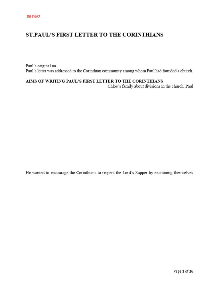 S6 Div2 (Paul S Letter To The Corinthians) | PDF