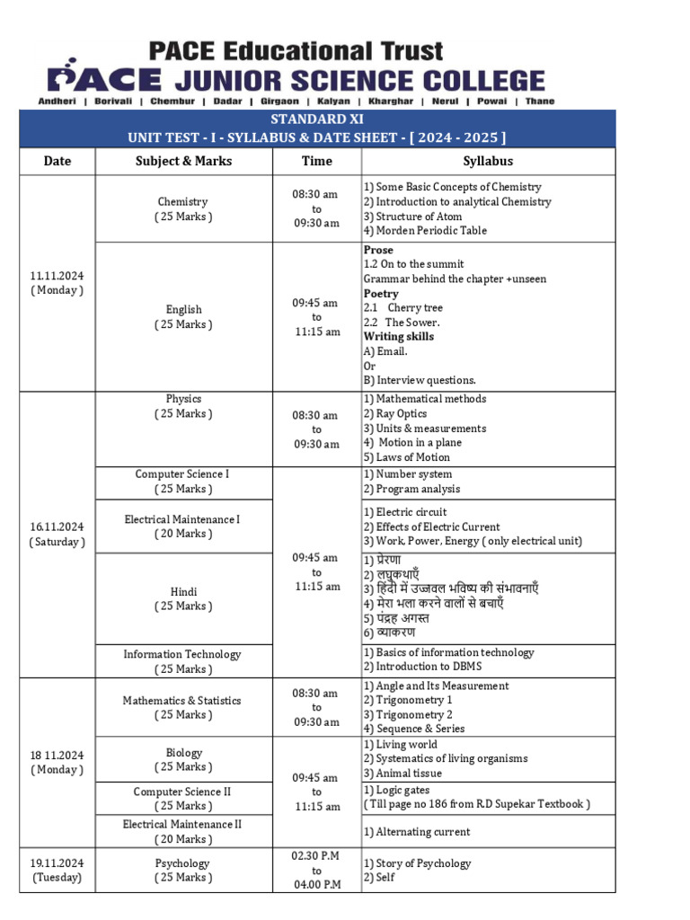 Standard XI UNIT TEST I - SYLLABUS & DATE SHEET - (2024 - 2025) | PDF ...