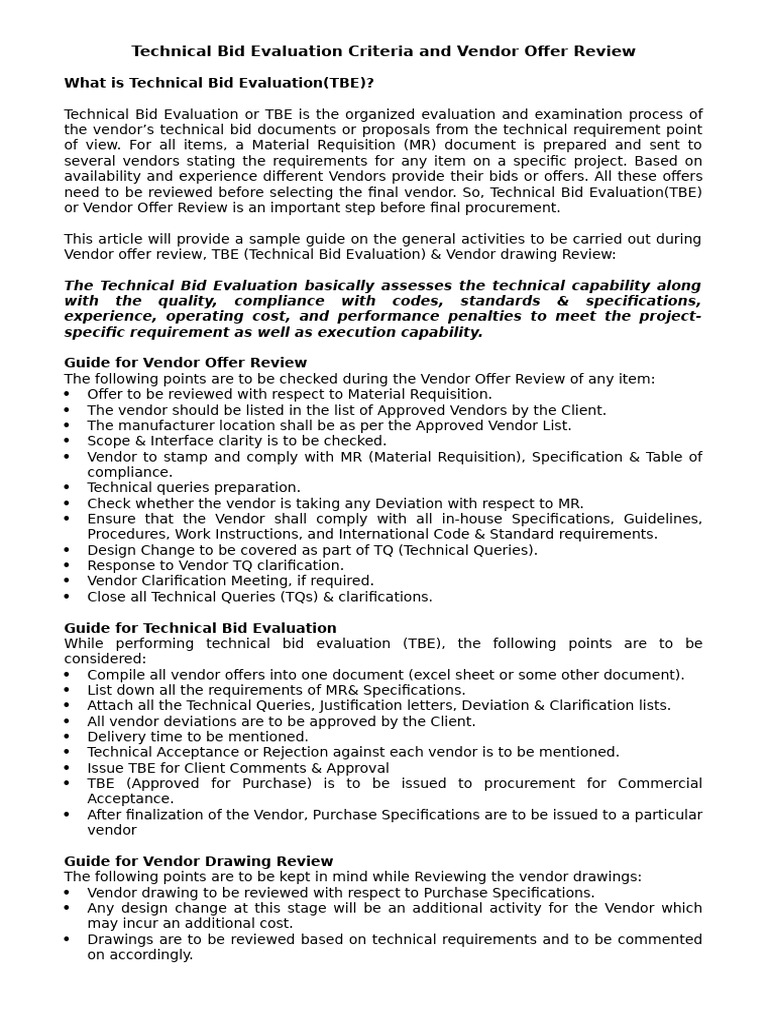 Technical Bid Evaluation Criteria and Vendor Offer Review | PDF