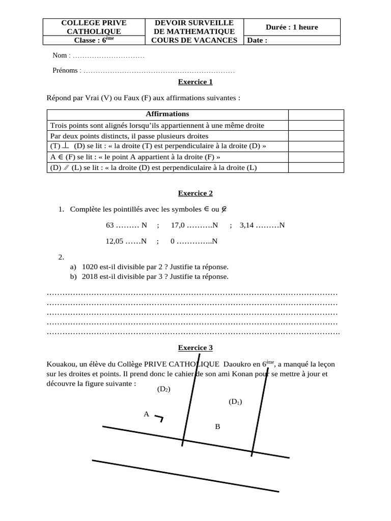 Devoir N1 6ème | PDF