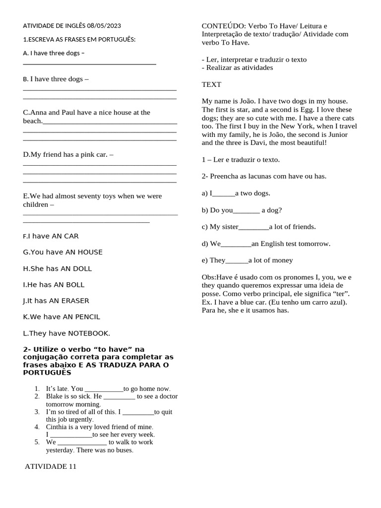 Atividade de Inglês Verbo To Have | PDF