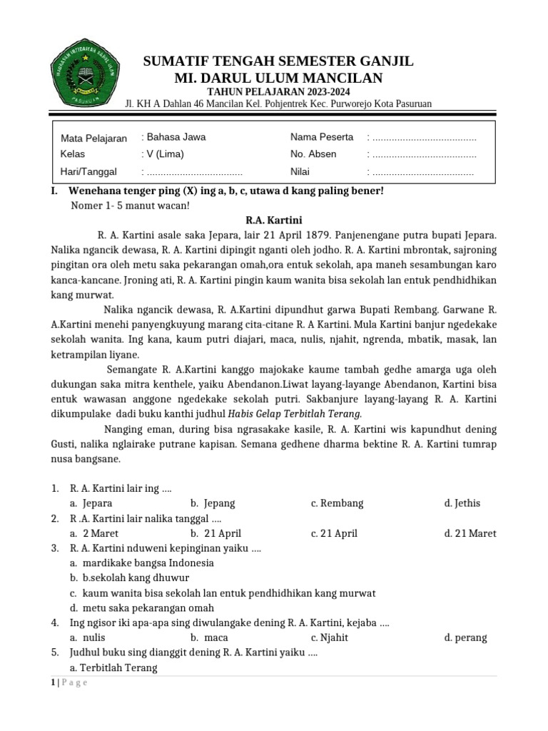 PTS KELAS 5 b. daerah | PDF