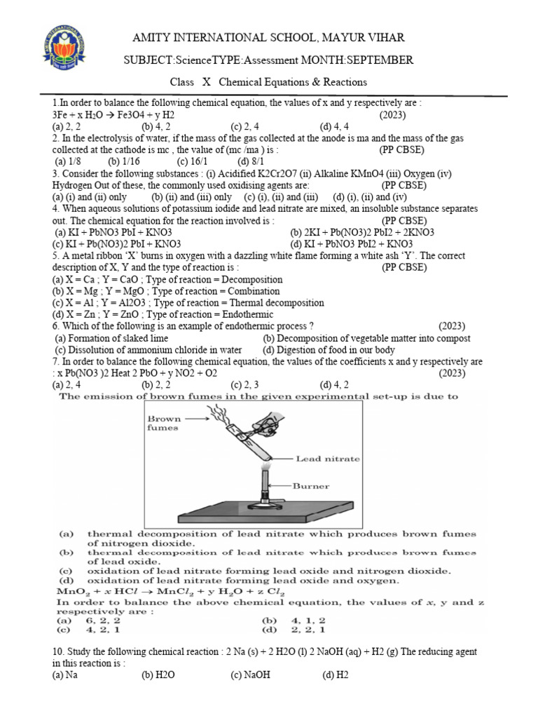 Amity International School, Mayur Vihar Subject:Sciencetype:Assessment Month:September Class X ...