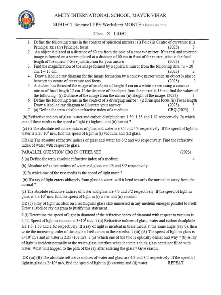 Amity International School, Mayur Vihar Subject:Sciencetype:Worksheet Month: Class X Light | PDF