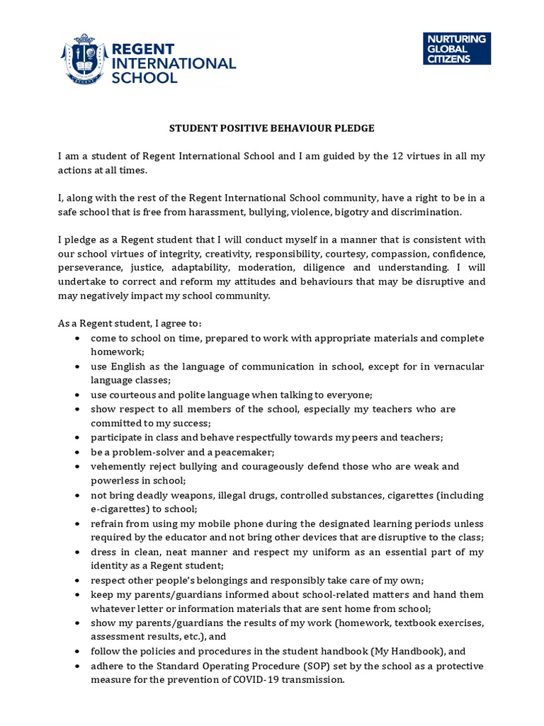 Ay2024-2025 Student Positive Behaviour Pledge | PDF | Social Psychology