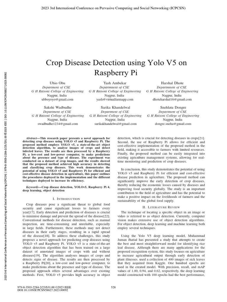 Crop Disease Detection Using Yolo V5 On Raspberry Pi | PDF