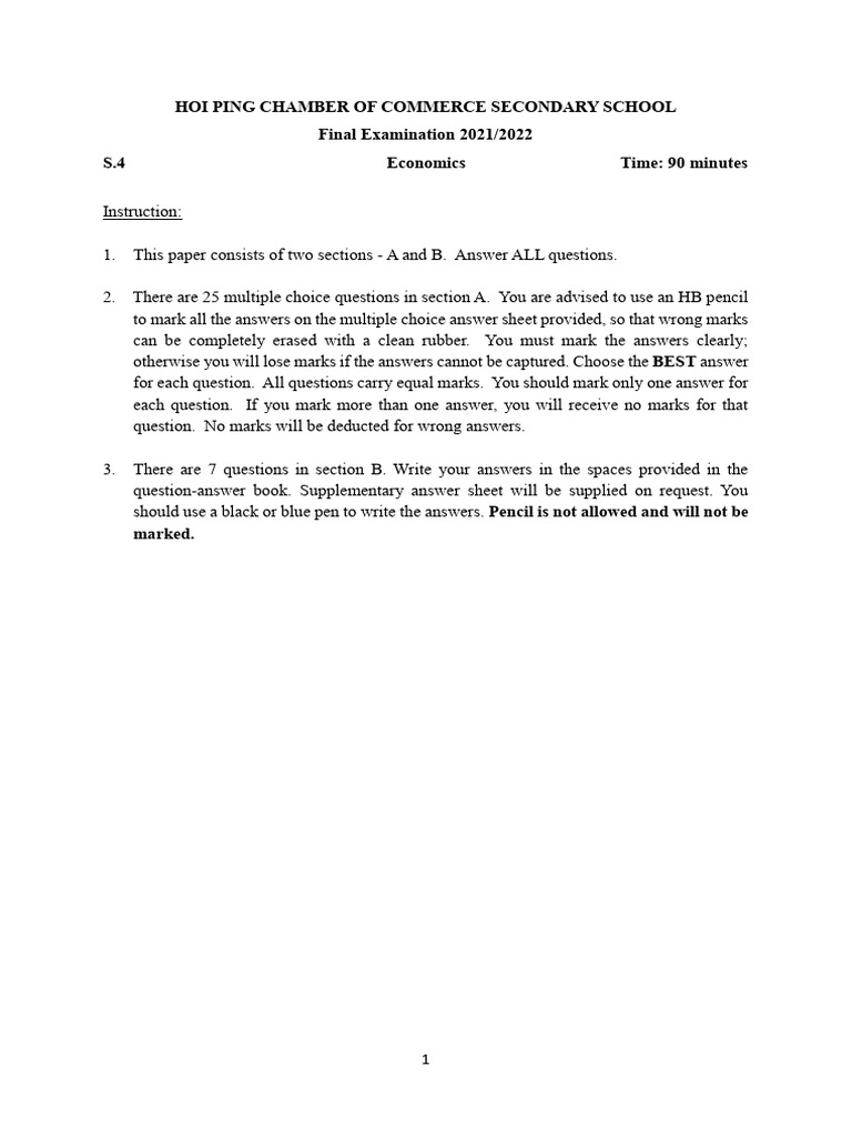 S4 Econ Final Exam, 2021-22 (Section A) Questions | PDF