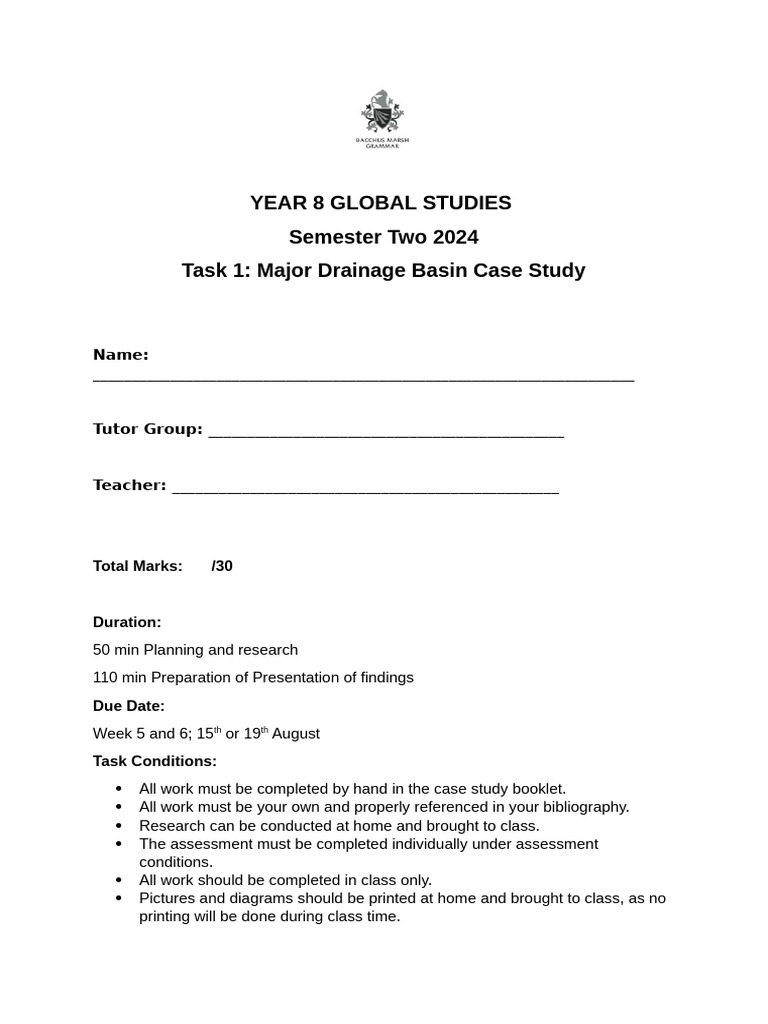 ZERIC Y8 Global Studies Geo Task 1 Case Study Assessment Sem 2 2024 | PDF