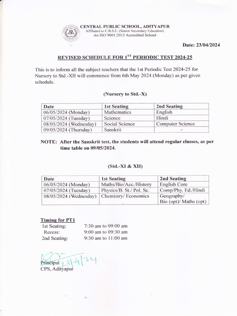 Revised Schedule For PT 1 2024-25 | PDF