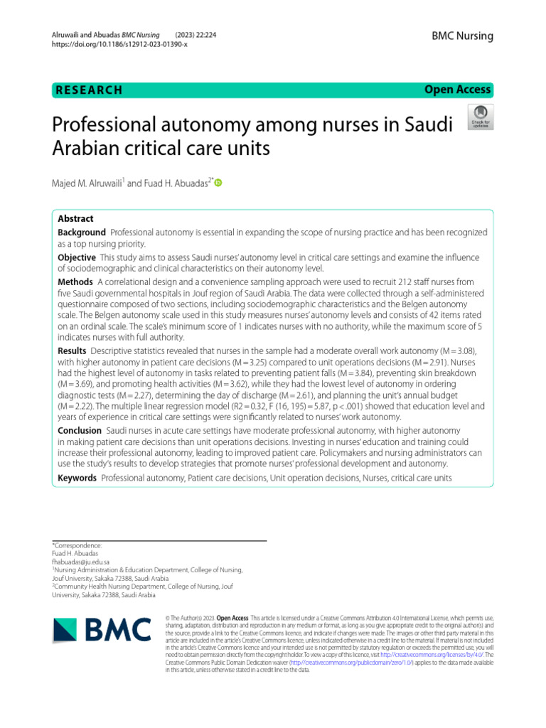 Professional Autonomy Among Nurses in Saudi Arabian Critical Care Units ...