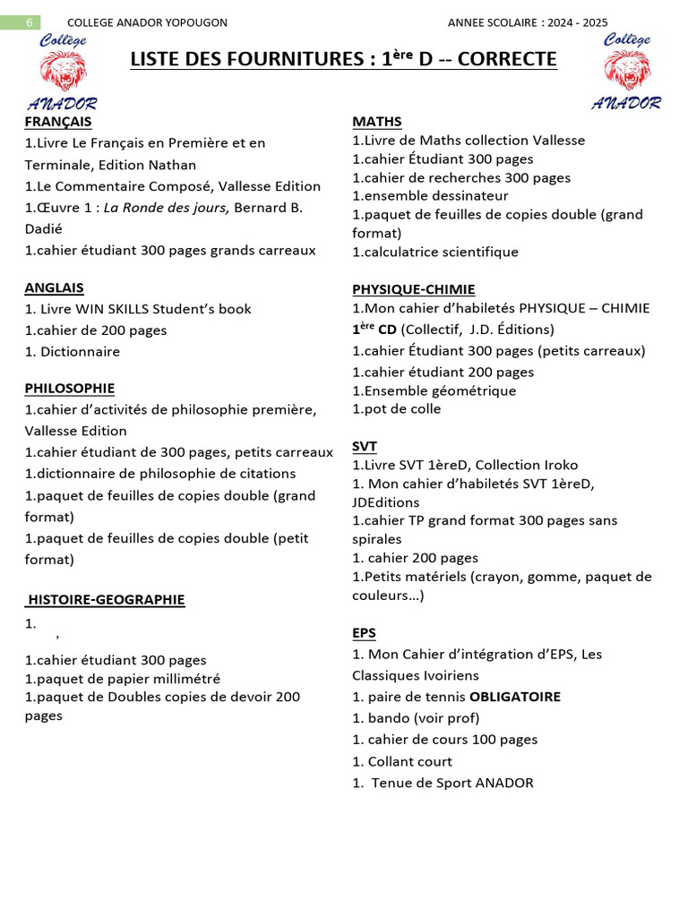 LISTE DES FOURNITURES 1ère D - 24-25 - ANADOR - BON | PDF