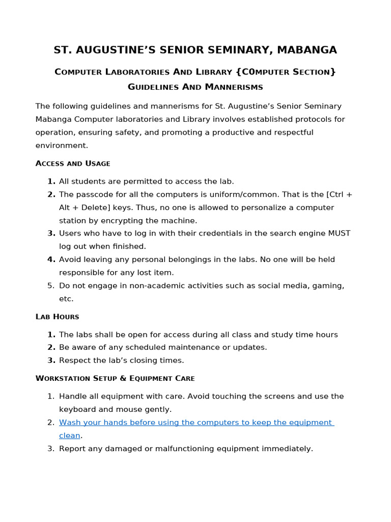 Computer Laboratories and Library Guidelines and Mannerisms | PDF
