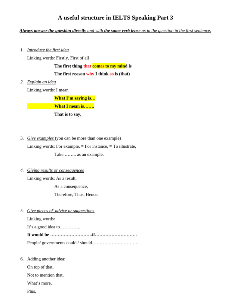 A Useful Structure in IELTS Speaking Part 3 With Linking Words | PDF