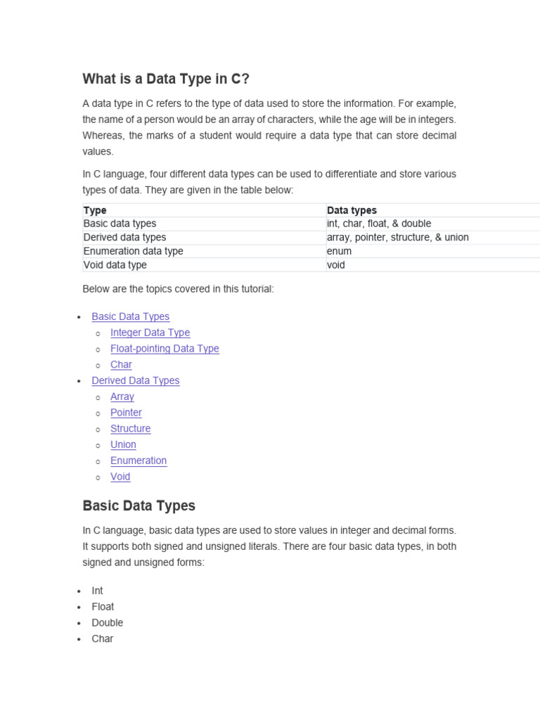 Basic Data Types in c | PDF