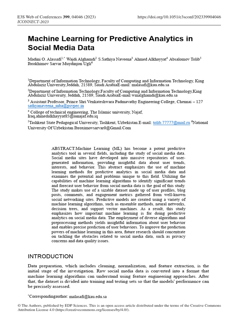 Machine Learning For Predictive Analytics in Socia | PDF