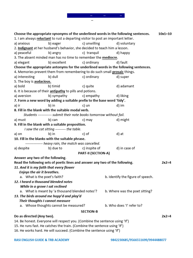 XI English Unit 3 Test Guide | PDF