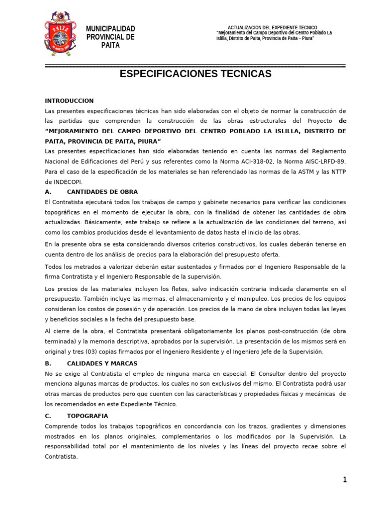 Especificaciones Tecnicas | PDF