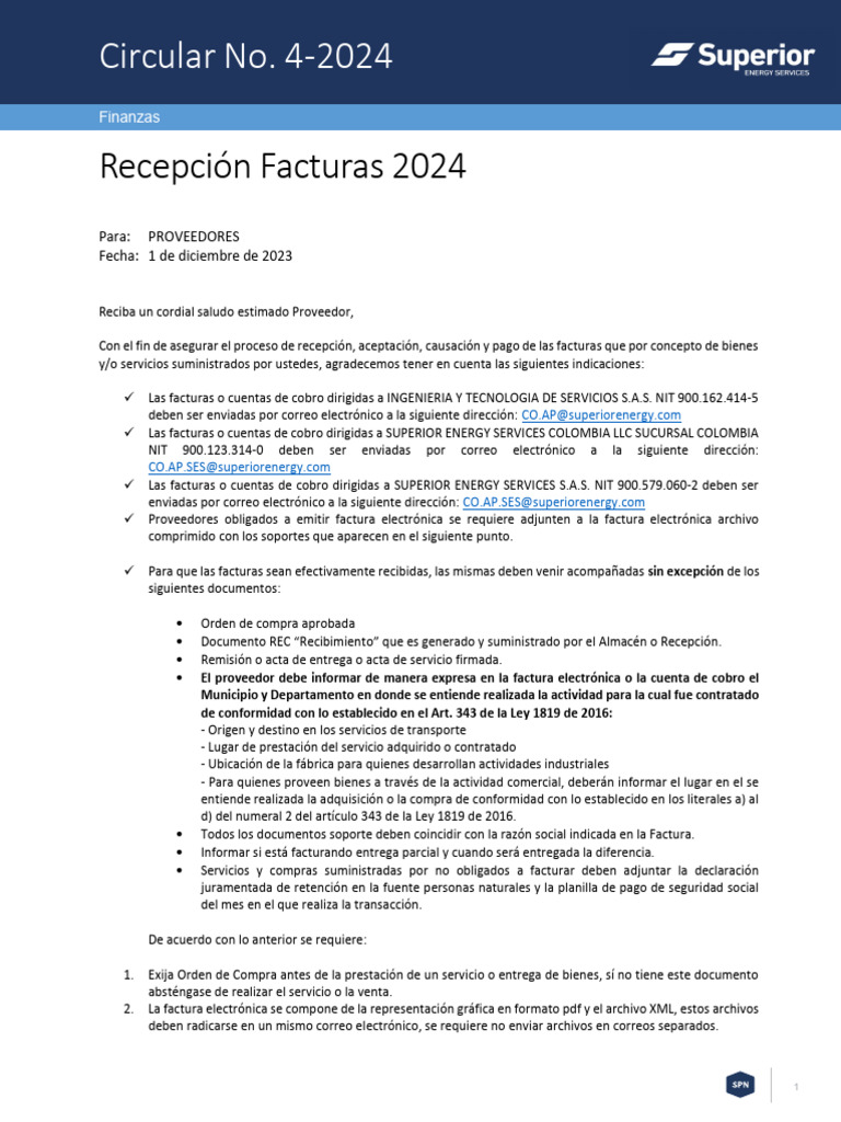 Circular Recepción Facturas 2024 | PDF