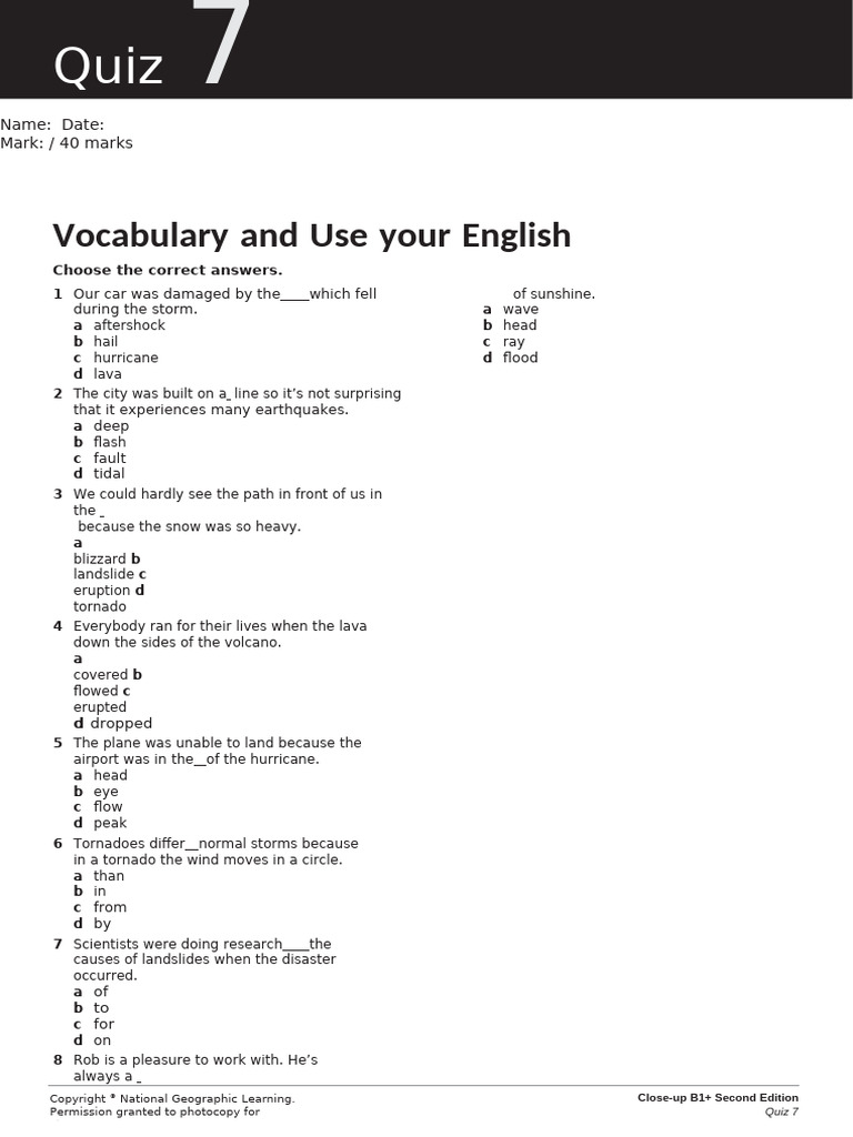 Close Up B1 Unit 7 Quiz | PDF