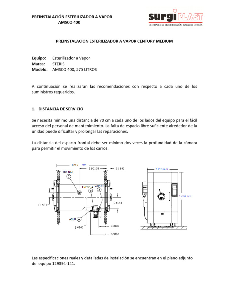 Pre-Instalaciones Amsco 400 - 575 | PDF | Agua | Vapor