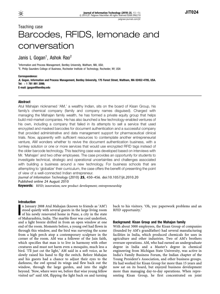 Barcodes, RFIDS, Lemonade and Conversation: Janis L Gogan, Ashok Rao | PDF