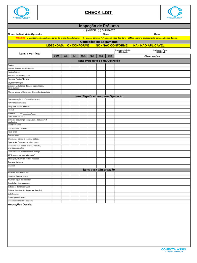 CHECK LIST - PRÉ USO - EQUIPAMENTOS (1) | PDF