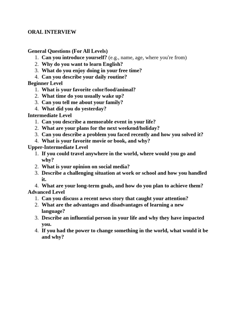 English Oral Interview Guide | PDF | Language Arts & Discipline | Self ...