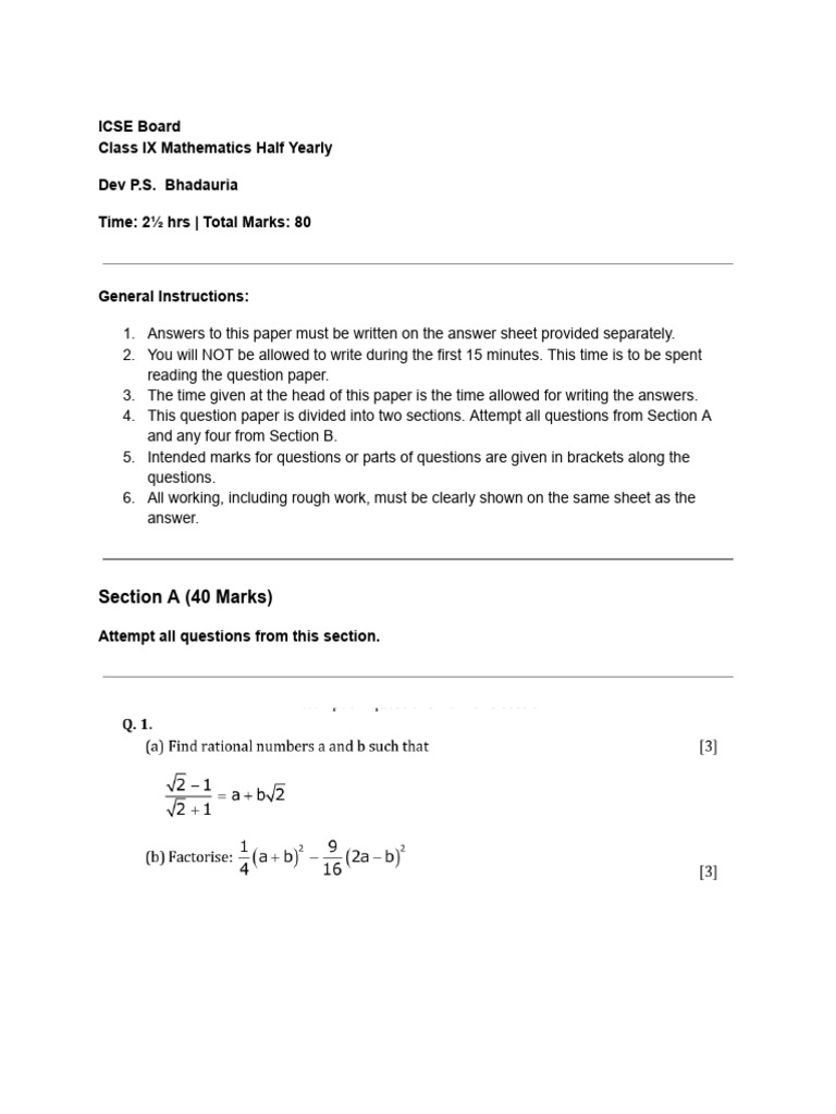 ICSE Class IX Math Half Yearly Exam | PDF | Language Arts & Discipline