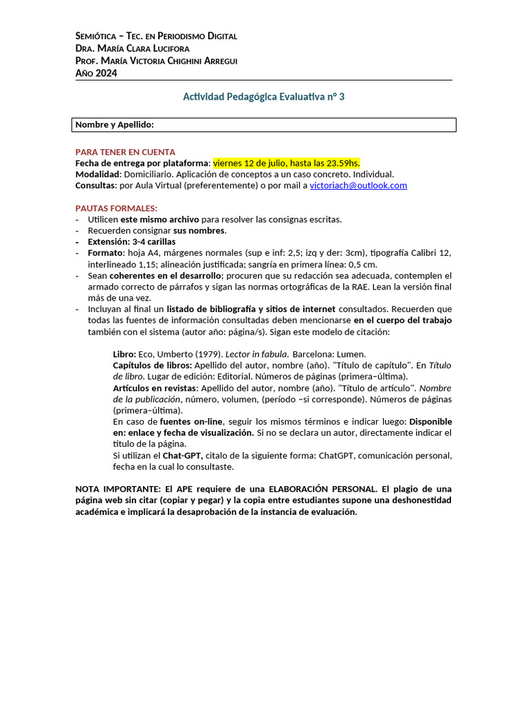 Semiótica-TUPD 2024 - APE 3 Consigna | PDF