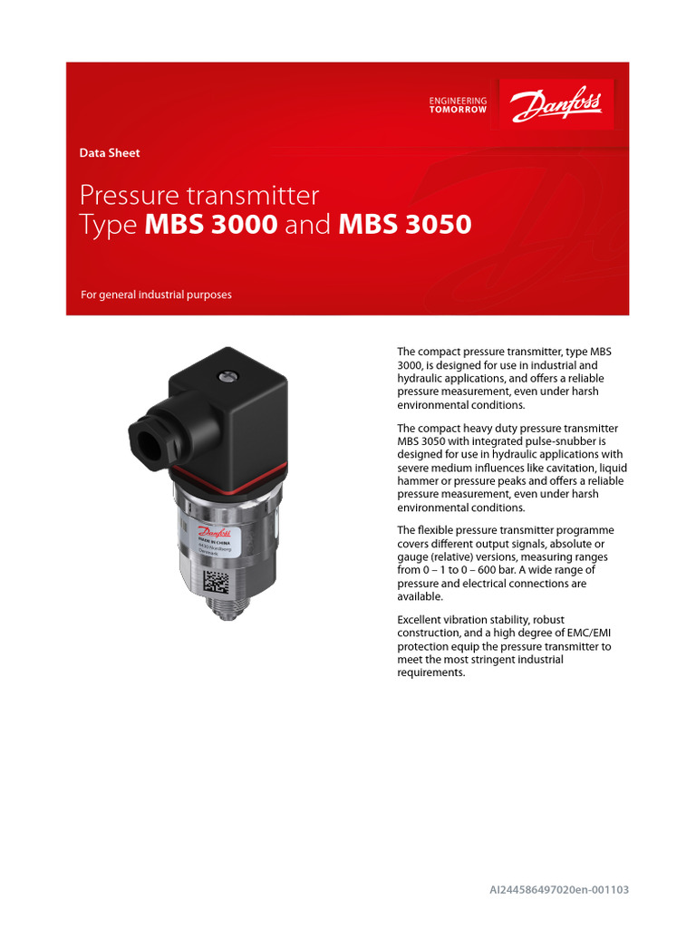 Danfoss MBS 3000/3050 Pressure Transmitter | PDF | Pressure Measurement ...