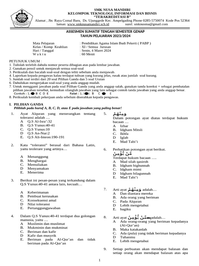 Soal Uts Pabp Kelas Xi SMT 2 | PDF