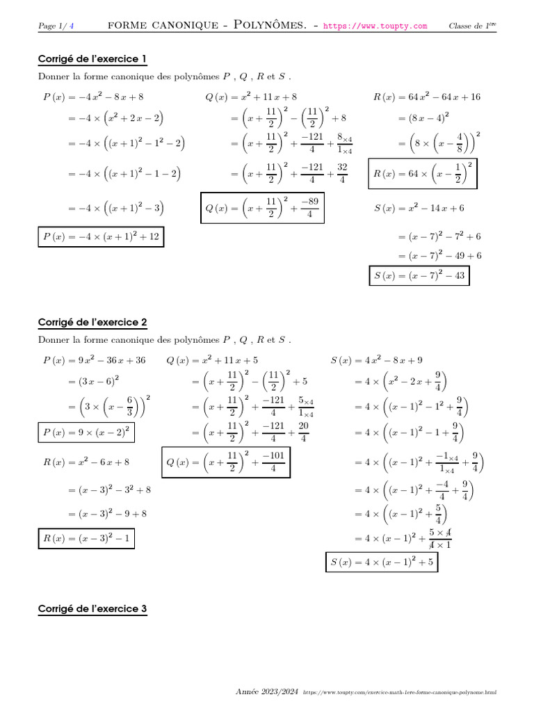 Exercice Forme Canonique Polynome 1ere 5 Corrige | PDF