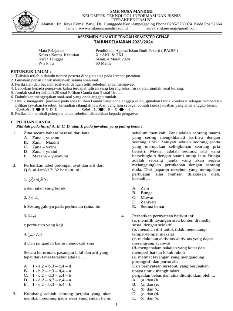 Soal Uts Pabp Kelas X 2024 SMT 2 Akl TKJ | PDF