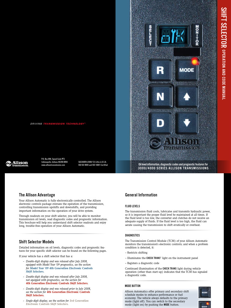 Allisontransmission. Shift Selector Manual - SA3360EN | PDF
