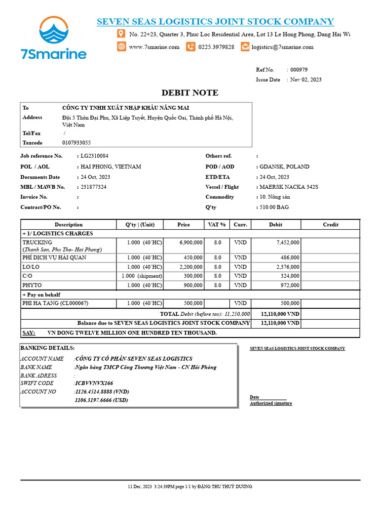 Seven Seas Logistics Joint Stock Company: Debit Note | PDF