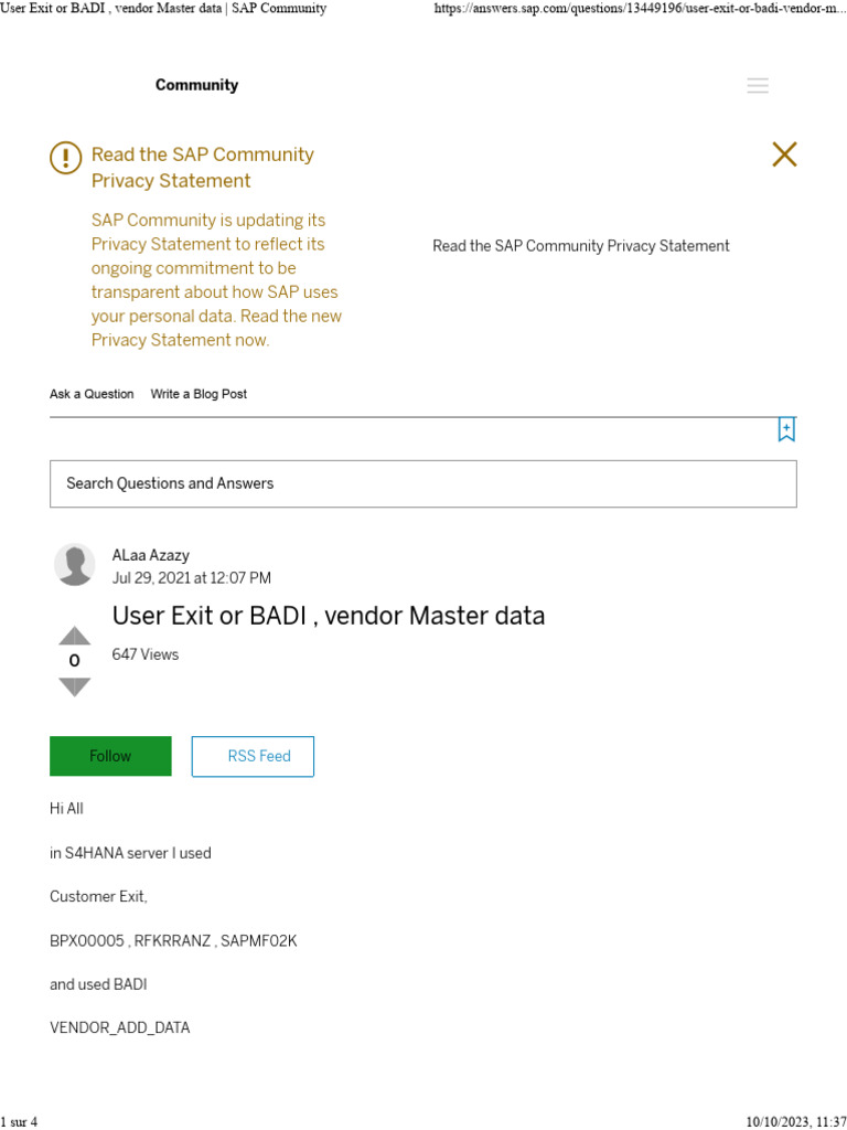 User Exit or BADI, Vendor Master Data SAP Community | PDF